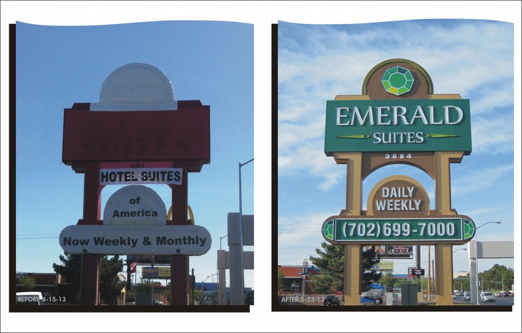 Emerald Suites Refurbished Pylon Sign Before & After - Patrick's Signs ...